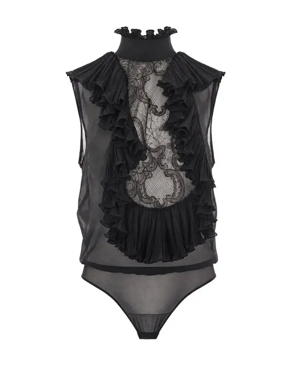 Elisabetta Franchi Sheer Lace Ruffle Bodysuit Top
