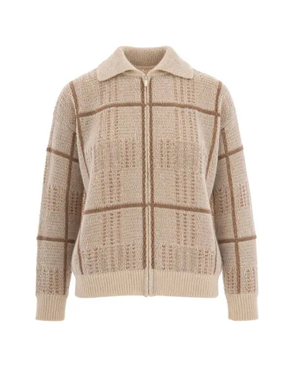 Max Mara Check-pattern Zip-front Knit Cardigan - Ecru
