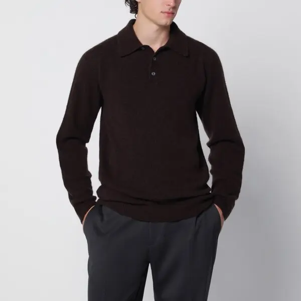 ROBERTO COLLINA Cashmere Polo Shirt With Front Button Placket And Ribbed Cuffs - Brown
