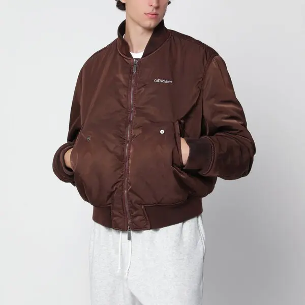Off-White Arrow Logo Zip-up Bomber Jacket In Technical Fabric - Brown
