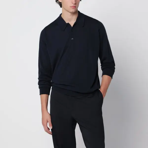 John Smedley Midnight Wool Polo Shirt With Long Sleeves
