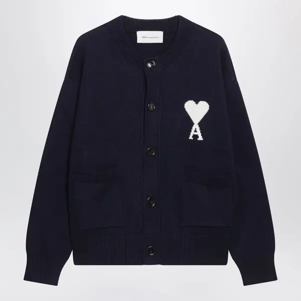 AMI Paris De Coeur Wool-blend Cardigan With Horn Button Front And Intarsia Logo