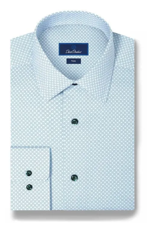 David Donahue Trim Fit Neat Print Cotton Dress Shirt - Hunter/white