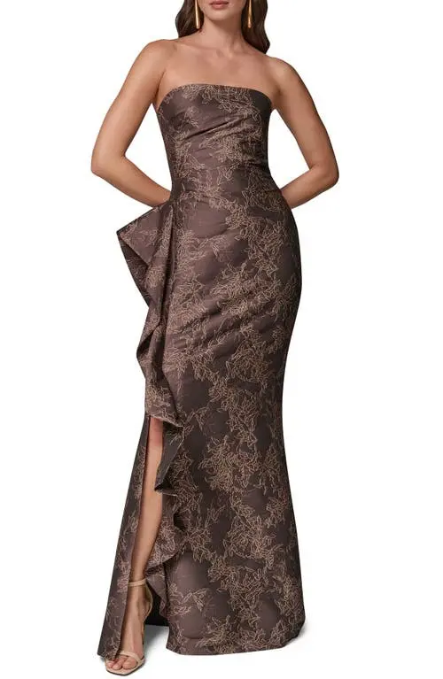 Donna Karan New York Strapless Metallic Ruffle Slit Gown - Truffle