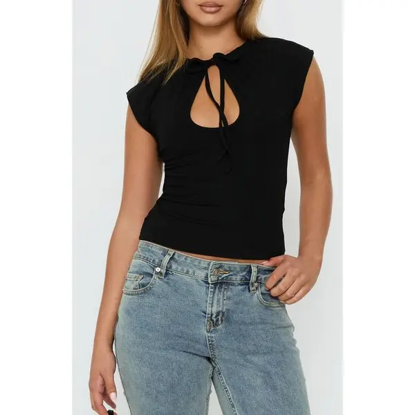 Princess Polly Delectable Tie Detail Cap Sleeve T-shirt - Black