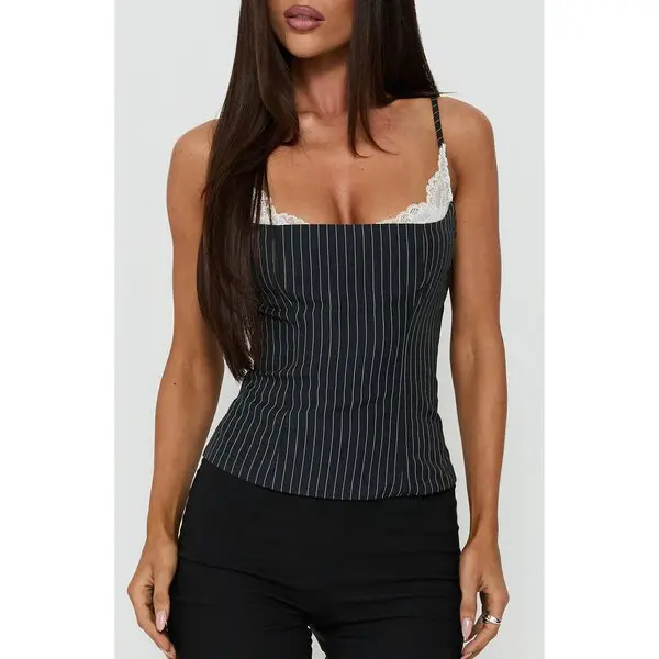 Princess Polly Renaissance Pinstripe Lace Layered Crop Corset Tank - Navy Pinstripe