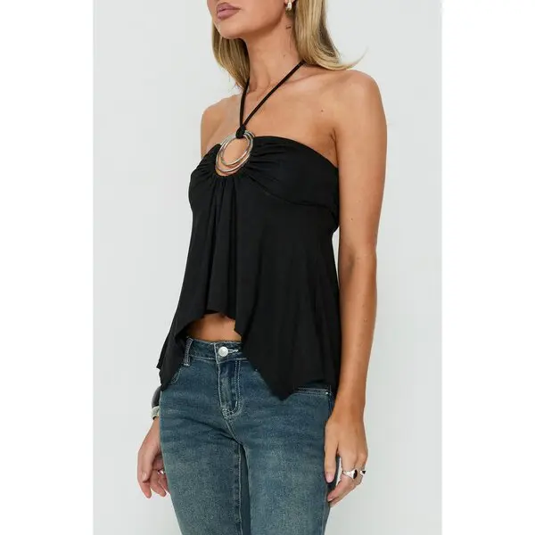 Princess Polly Betsey Ring Detail Tie Neck Halter Top - Black