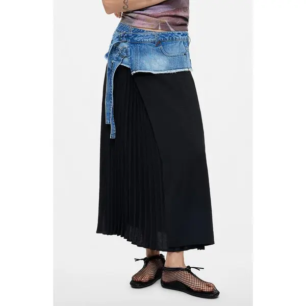 Desigual Pleated Denim Waist Maxi Skirt - Medium Blue