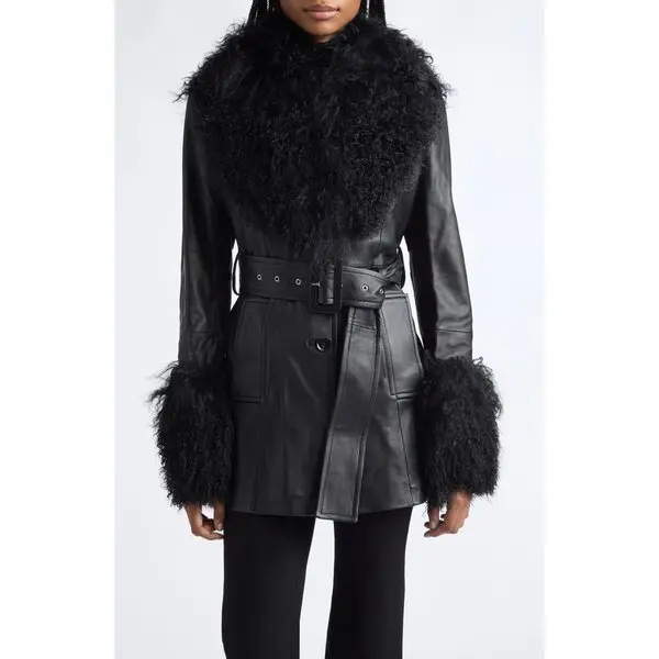 STAND STUDIO Mimmi Leather Jacket With Genuine Mongolian Shearling Trim - Black