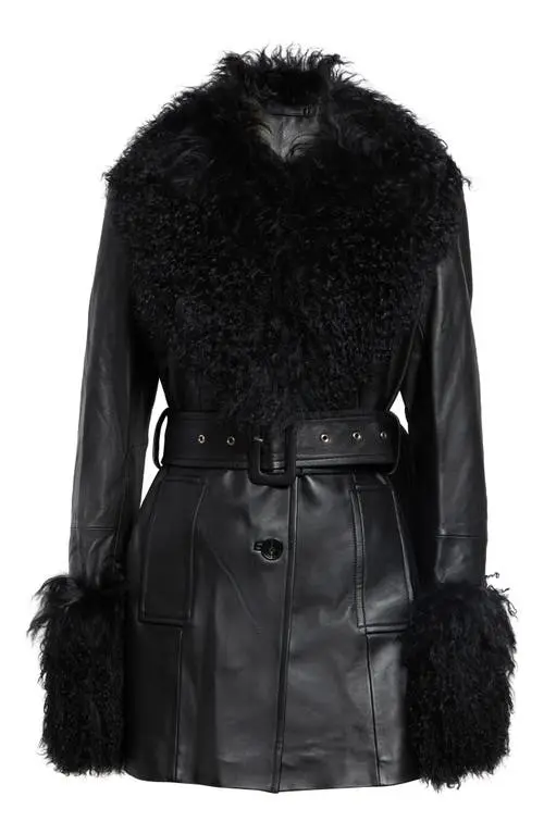 STAND STUDIO Mimmi Leather Jacket With Genuine Mongolian Shearling Trim