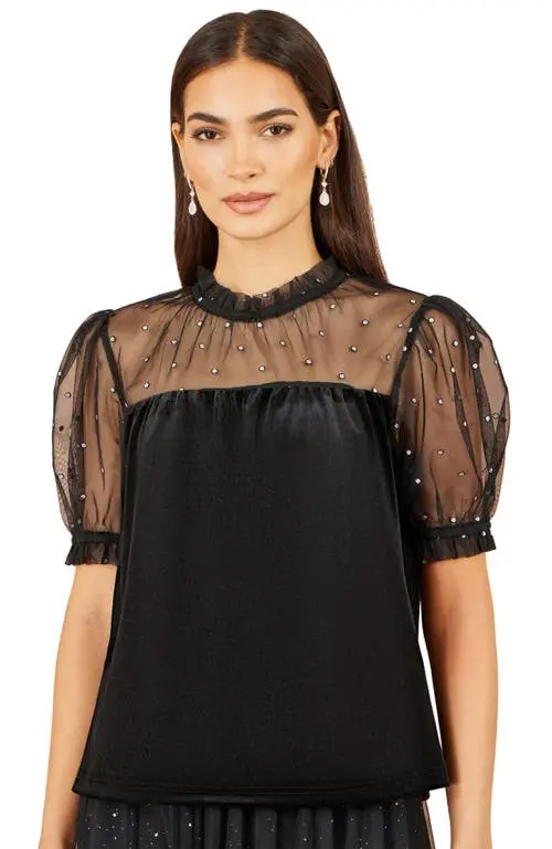 YUMI Velvet Mesh Embellished Top