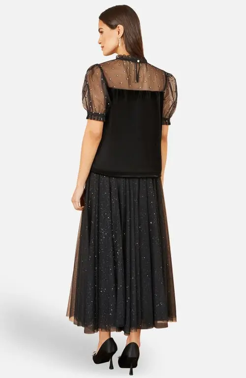 YUMI Velvet Mesh Embellished Top