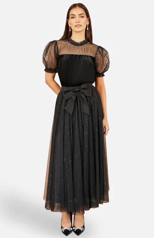 YUMI Velvet Mesh Embellished Top