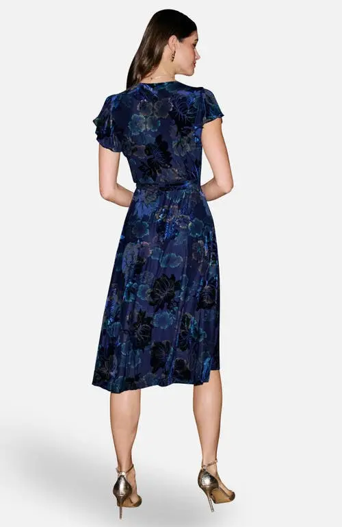 YUMI Velvet Floral Wrap Midi Dress