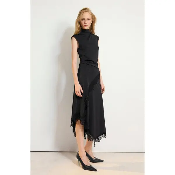 Mango Lace Trim Asymmetric Midi Dress - Black