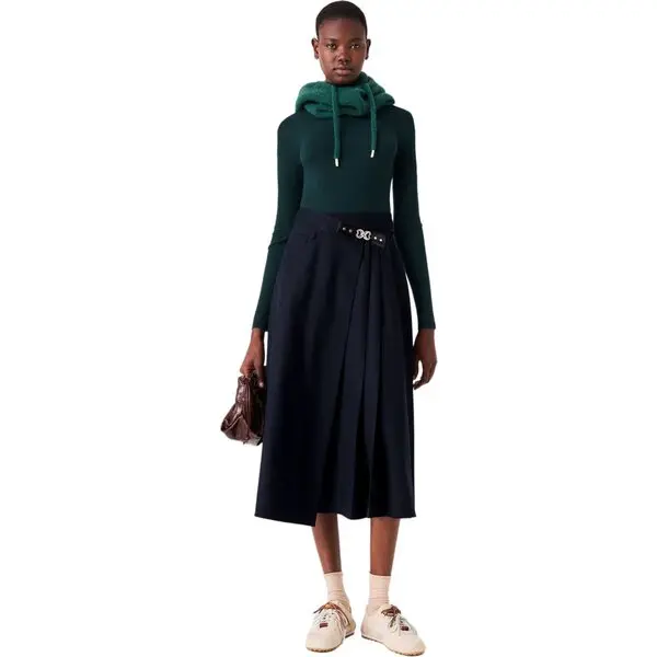 Maje Long Pleated Skirt With Buckle