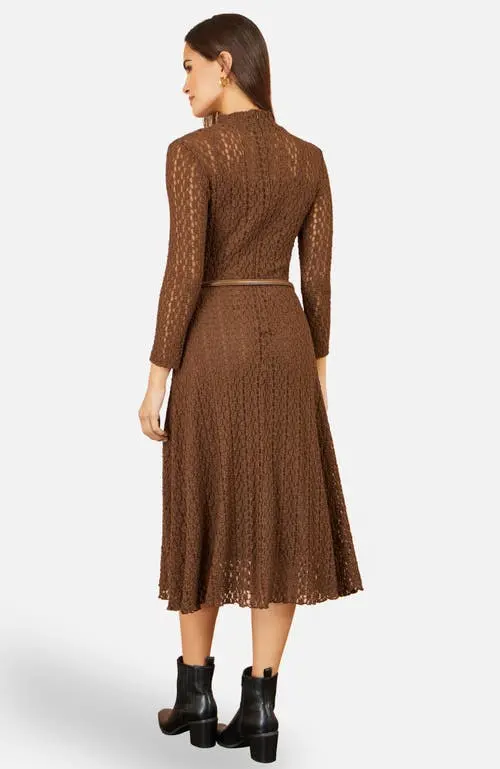 YUMI High Neck Lace Midi Dress - Brown