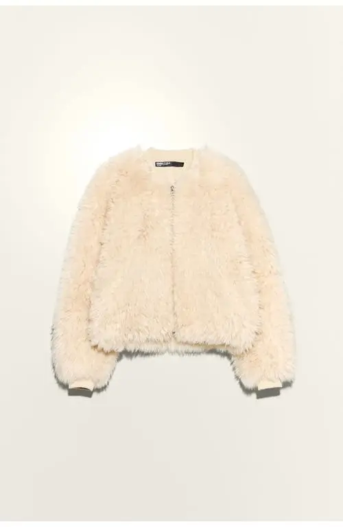 Bimba Y Lola Faux Fur Cropped Bomber Jacket - Ivory