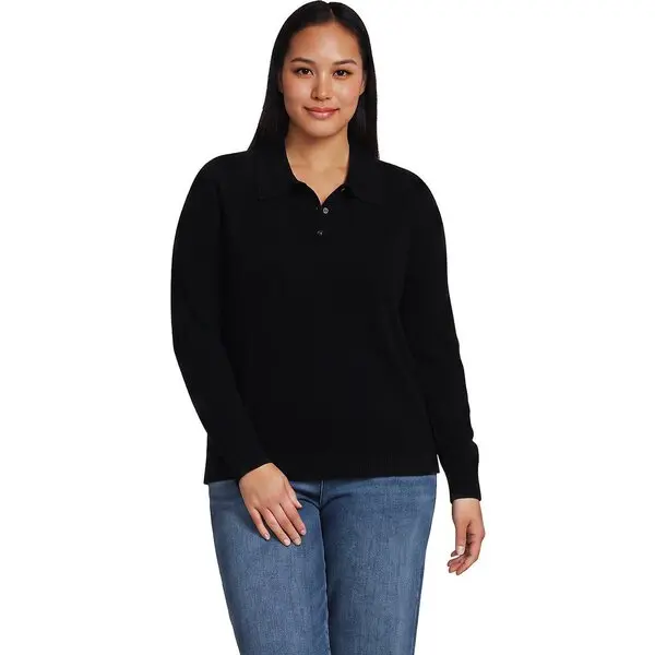 LANDS' END Cashmere Polo Sweater - Black