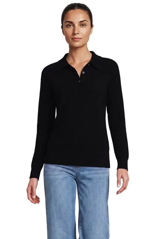LANDS' END Cashmere Polo Sweater - Black