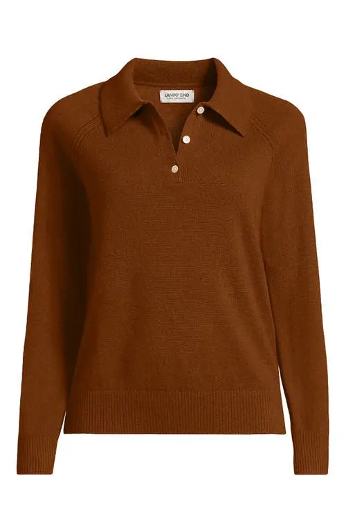 LANDS' END Cashmere Polo Sweater - Rich Saddle