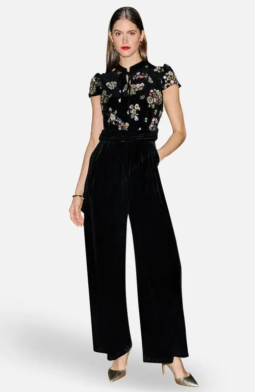 YUMI Luxe Velvet Embroidered Floral Jumpsuit