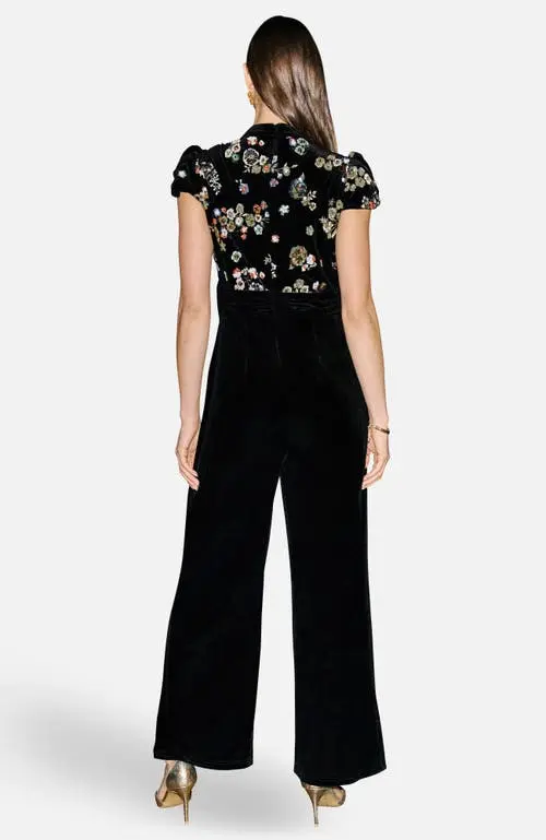 YUMI Luxe Velvet Embroidered Floral Jumpsuit