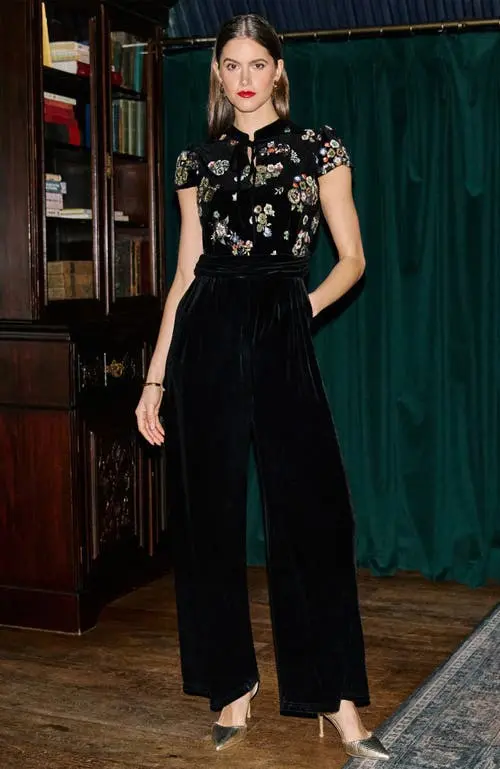 YUMI Luxe Velvet Embroidered Floral Jumpsuit