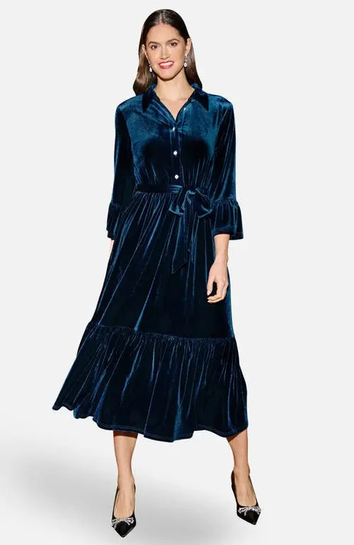 YUMI Fluted Sleeves Velvet Midi Dress - Teal