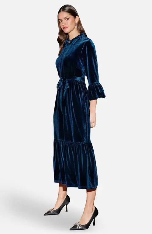 YUMI Fluted Sleeves Velvet Midi Dress - Teal