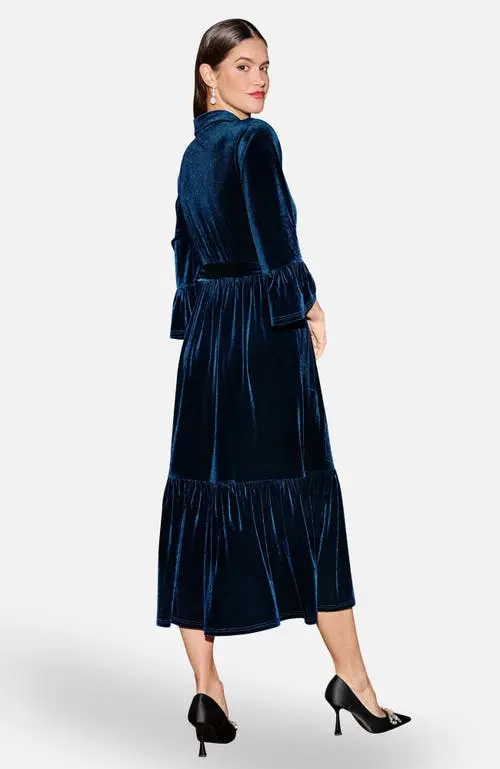 YUMI Fluted Sleeves Velvet Midi Dress - Teal