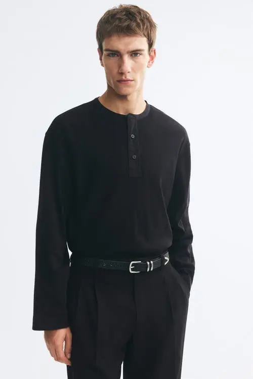 H&M Relaxed-fit Ribbed Henley Shirt - Black