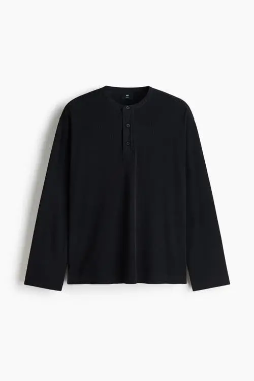 H&M Relaxed-fit Ribbed Henley Shirt - Black