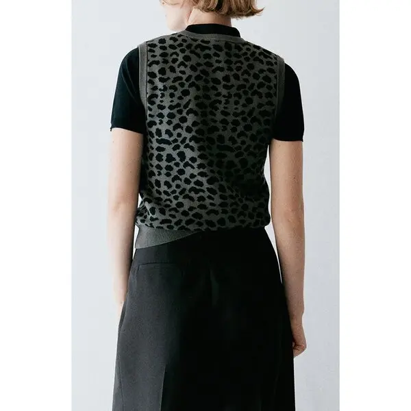Mango Leopard Print Cotton Knit Top - Charcoal