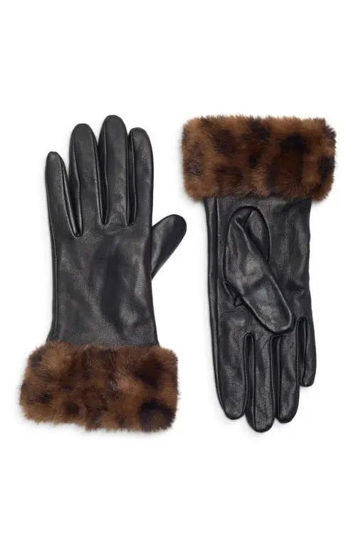 Nordstrom Faux Fur Cuff Leather Gloves - Black Leopard