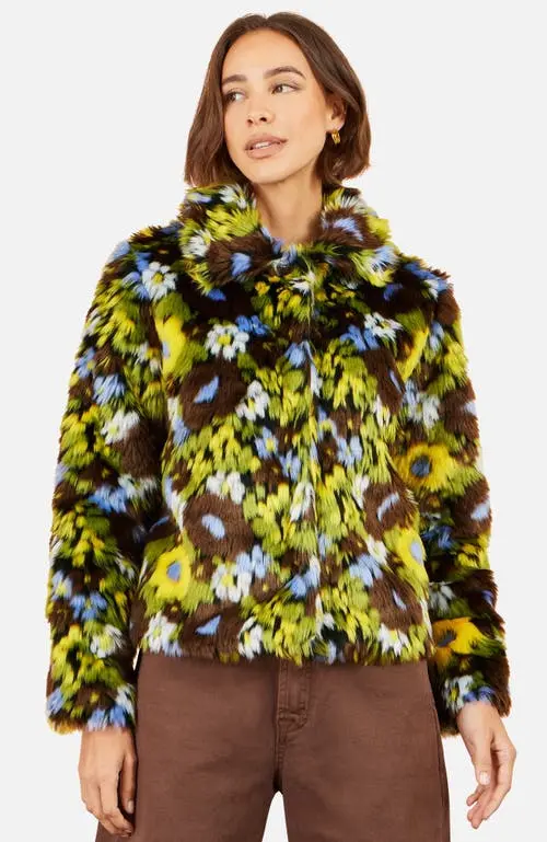 YUMI Faux Fur Abstract Print Jacket