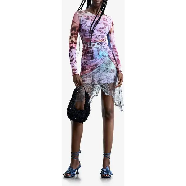 Desigual Long Sleeve Lace Hem Mesh Minidress - Pink