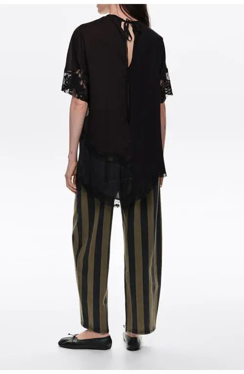 Bimba Y Lola Lace Patchwork Long T-shirt - Black