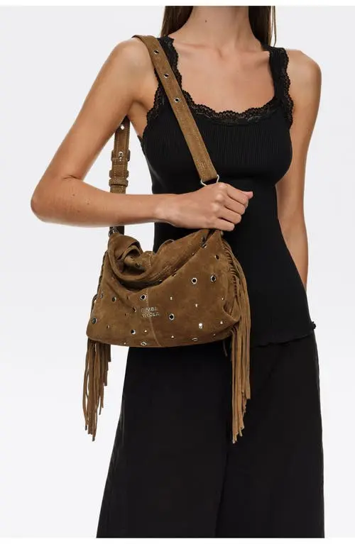 Bimba Y Lola Small Suede Paper Bag With Fringing And Studs