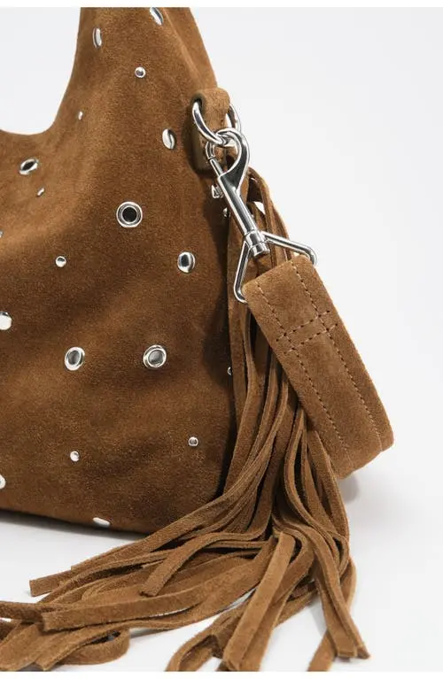 Bimba Y Lola Small Suede Paper Bag With Fringing And Studs