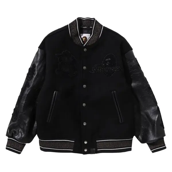 A BATHING APE Camo Logo Wool Varsity Jacket - Black