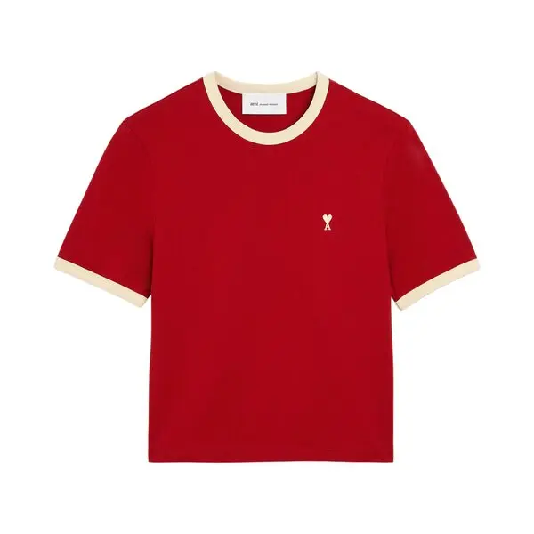 AMI Paris Contrasted Cotton T-shirt With De Coeur 'ruby /ivory - Red