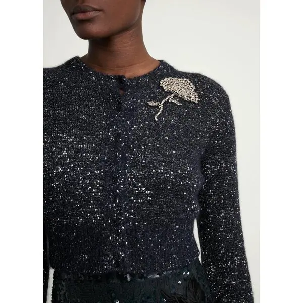 Erdem Crystal Brooch Paillette Knit Crop Crewneck Cardigan