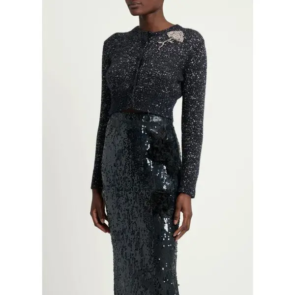 Erdem Crystal Brooch Paillette Knit Crop Crewneck Cardigan