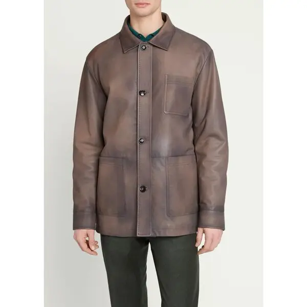 Kiton Burnished Leather Chore Shirt Jacket