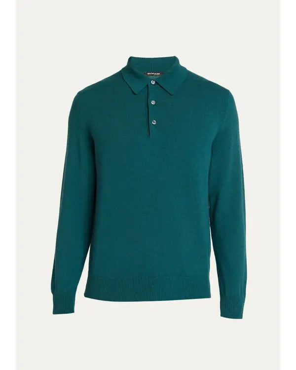Kiton Cashmere Long-sleeve Knit Polo Shirt - Emerald