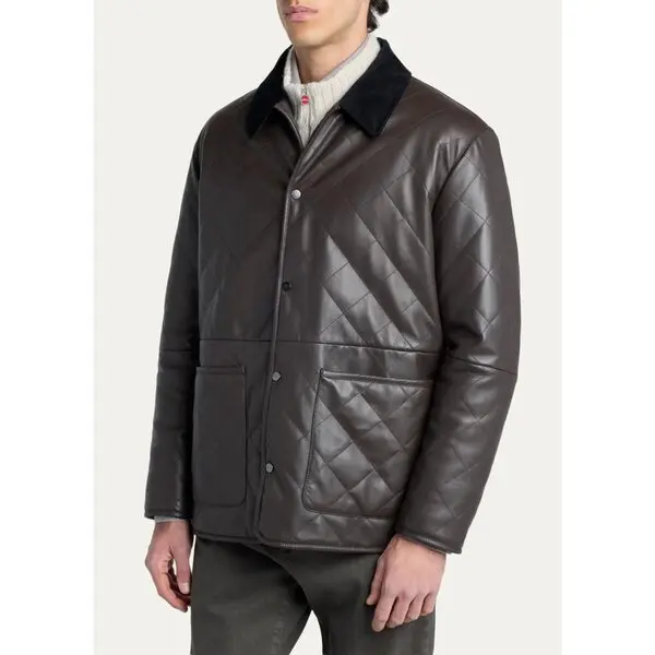Kiton Corduroy-collar Quilted Leather Jacket