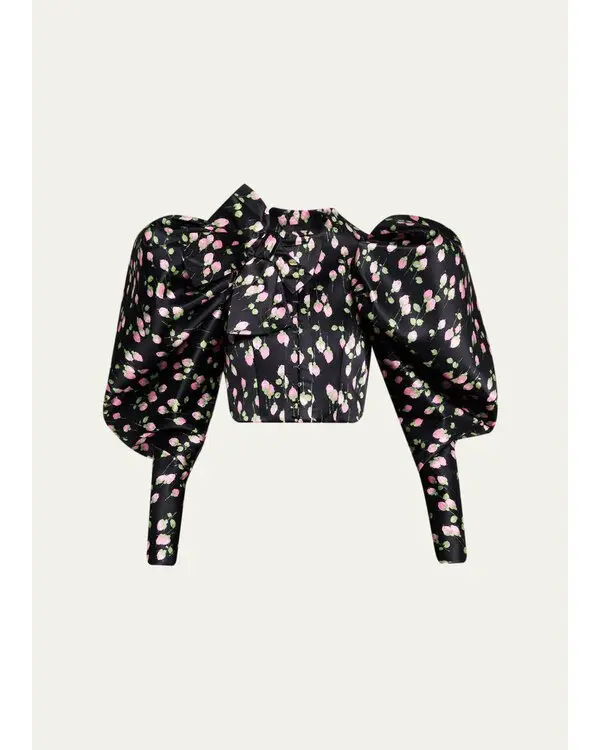 Marc Jacobs Rose-print Satin Bow Balloon-sleeve Crop Jacket
