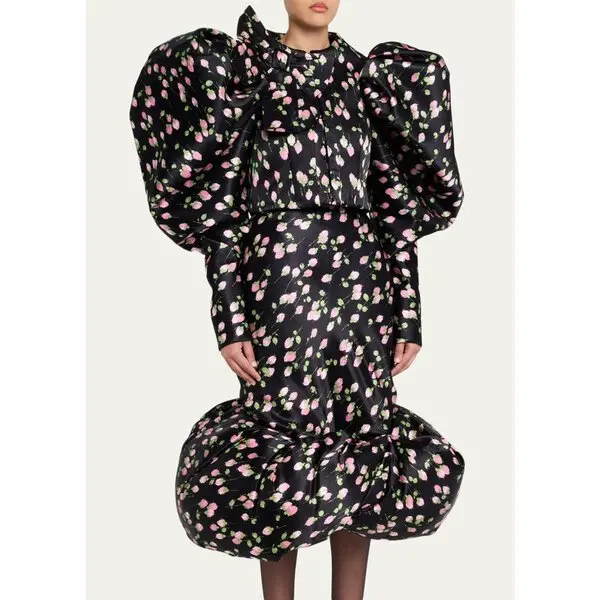 Marc Jacobs Rose-print Satin Bow Balloon-sleeve Crop Jacket