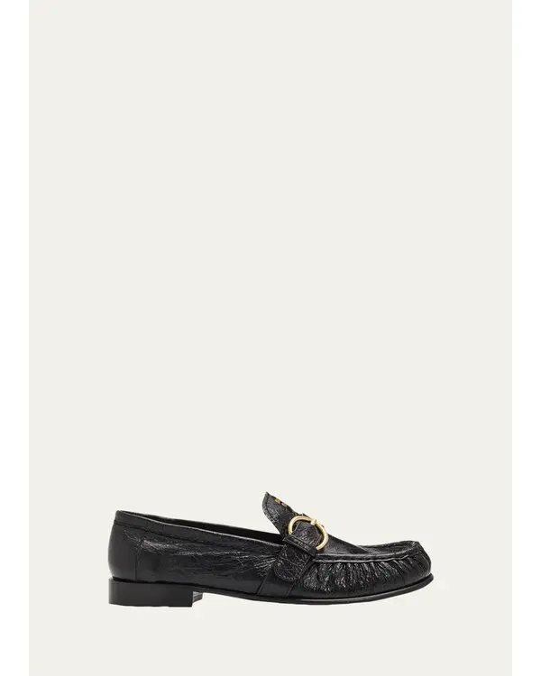 Miu Miu Crinkled Leather Buckled Moccasin Loafers